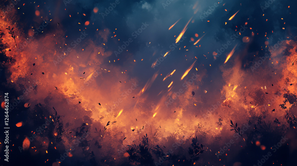 Fire spark overlay with smoke and flame background. Grill heat glow in ...
