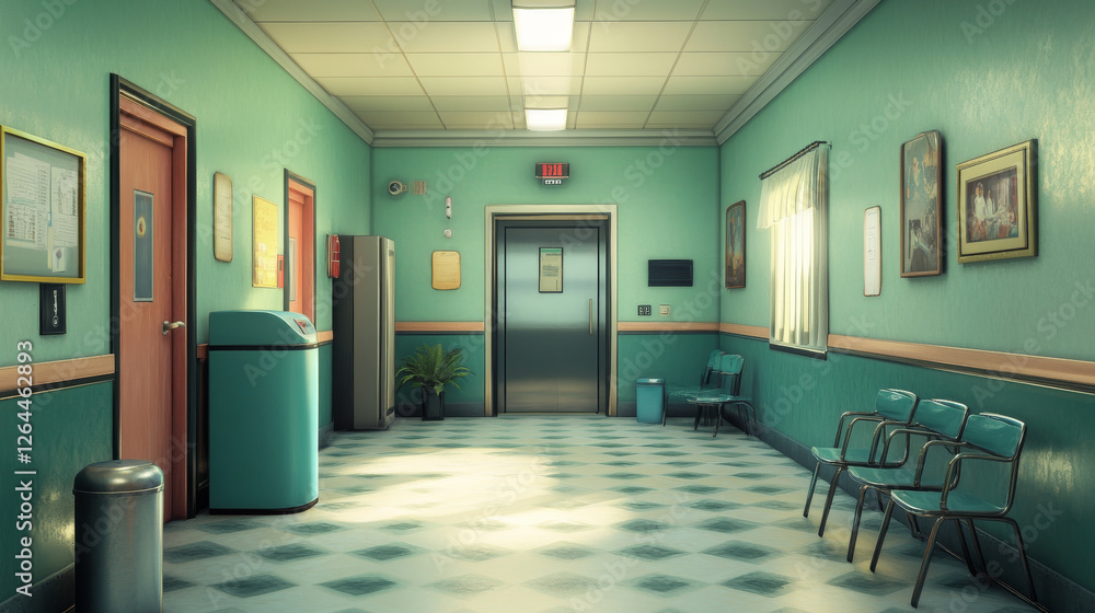 Hospital corridor interior, medical clinic hall. Vector cartoon ...
