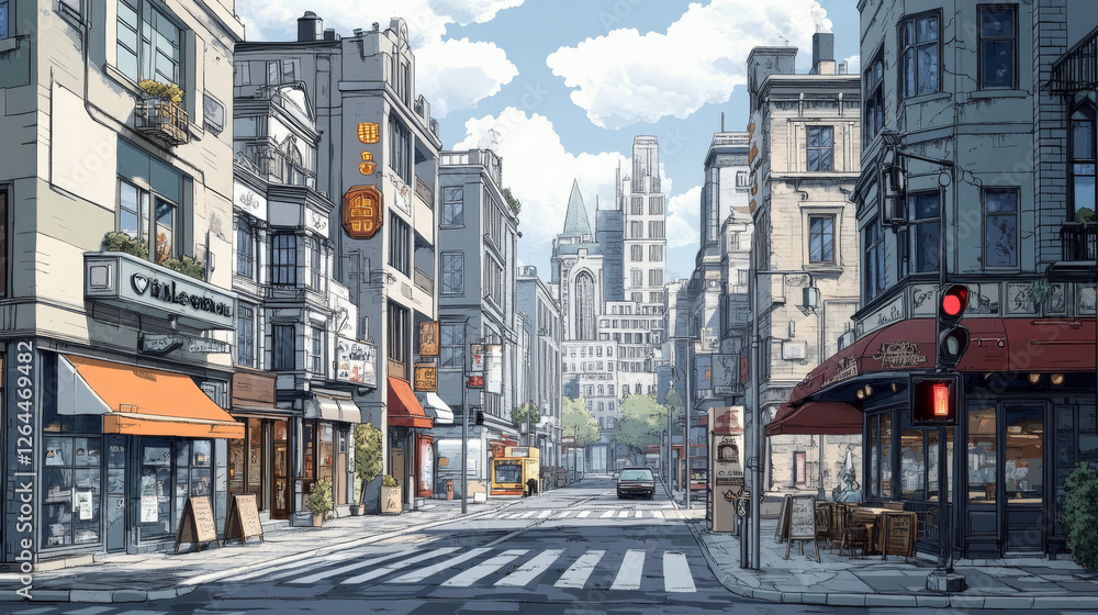 Urban street landscape with crossroad and traffic light, buildings with ...