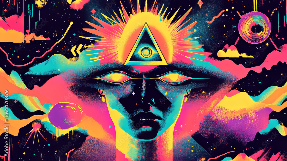 Psychedelic rave trip party banner templates set, martian head and ...