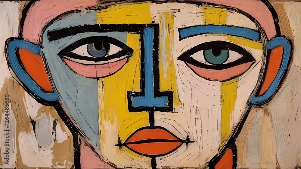 Raw art portrait painting with geometric shapes and expressive colors ...