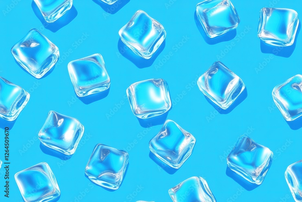 Ice cubes arranged neatly on a bright blue background creating a fresh ...