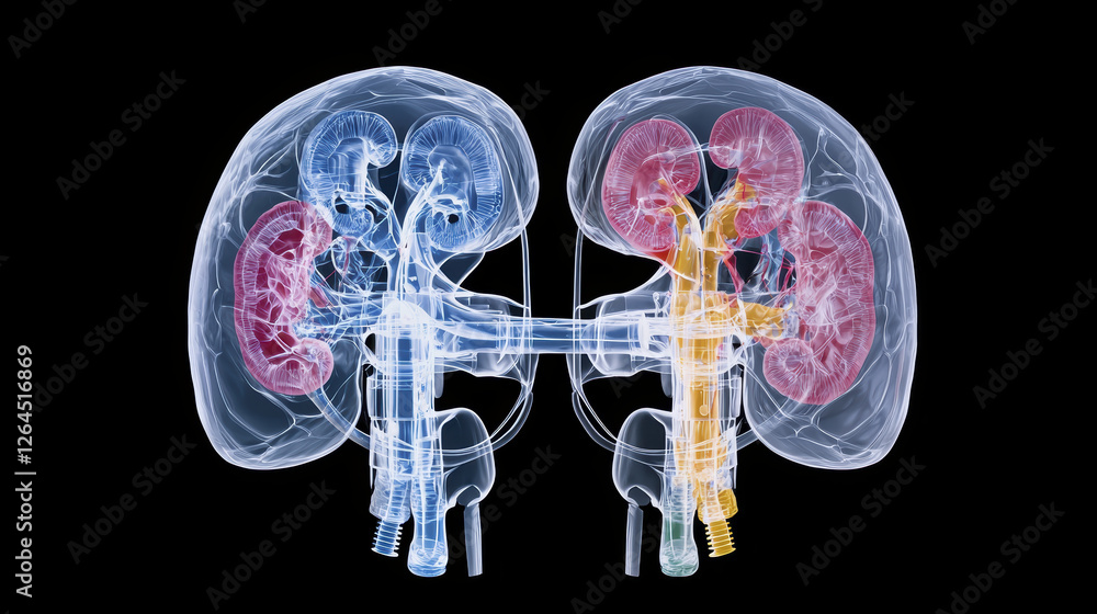 Anatomical illustration of human kidneys and urinary system, showcasing ...