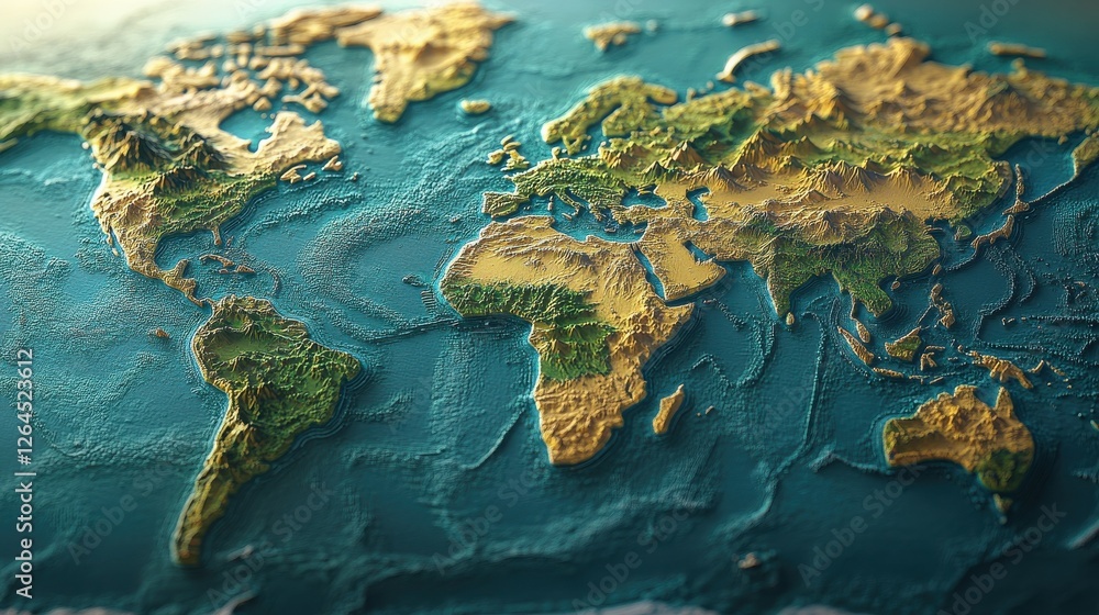 Global Topography: A detailed 3D relief map of the world, showcasing continents, oceans, and ...