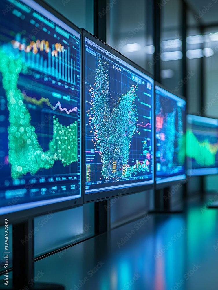 AI-generated climate models illustrate complex data visualizations on multiple screens within a ...