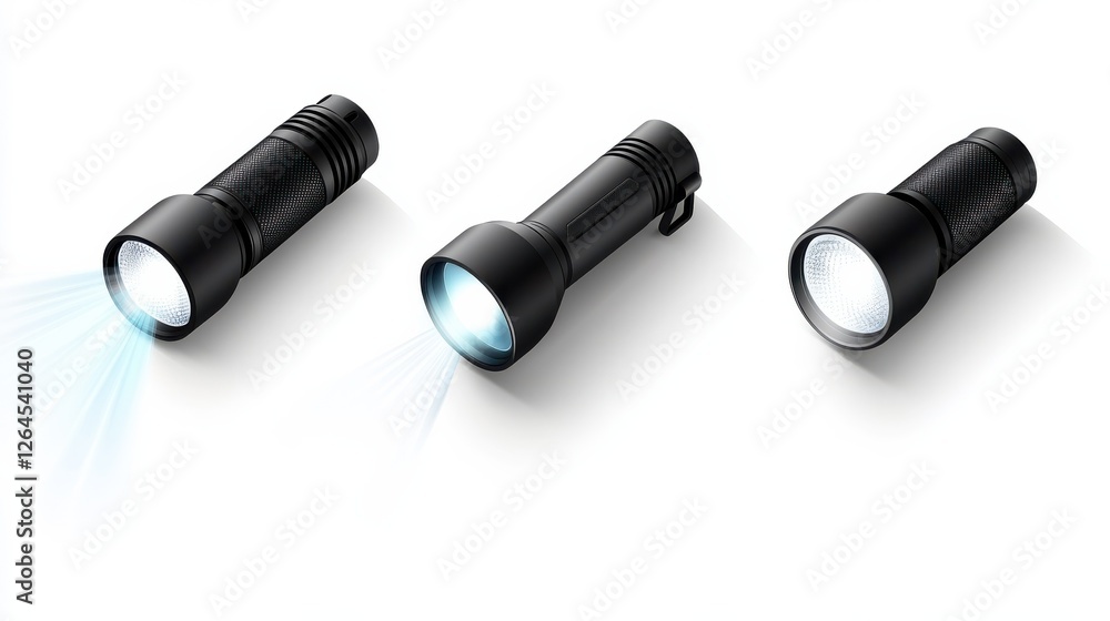 Flashlight, portable spotlight and torch with lighting ray. Different ...