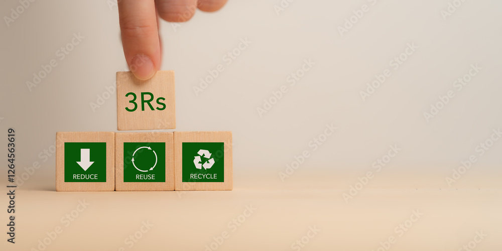 Stock-Foto „3Rs Concept. Reduce, Reuse, Recycle. Hand placing wooden ...