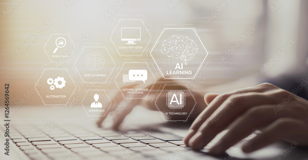This image showcases a close-up of hands typing on a keyboard ...