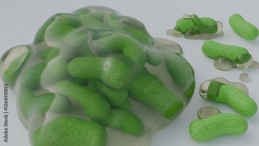 3D rendering, a lumpy mass represents the extracellular polymeric substance or EPS that forms ...