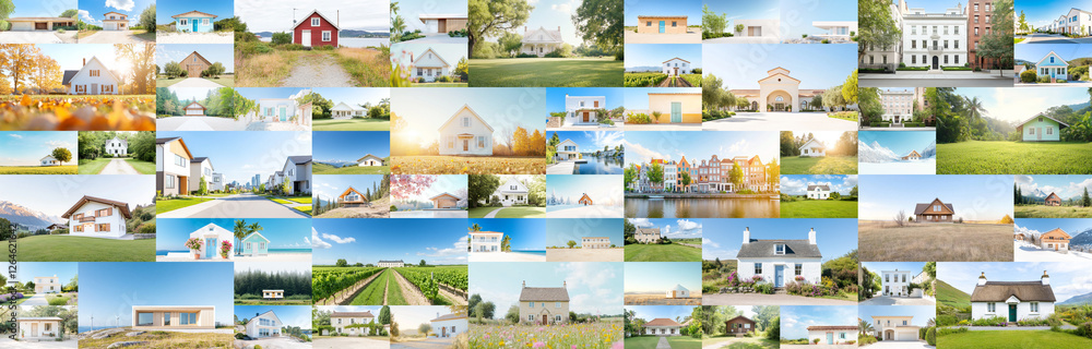 Collage of diverse house designs with rural and urban settings Stock ...