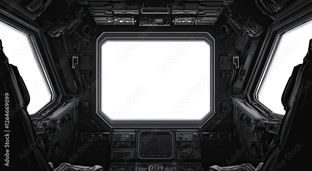 Futuristic spaceship cockpit interior with blank window Stock Photo ...
