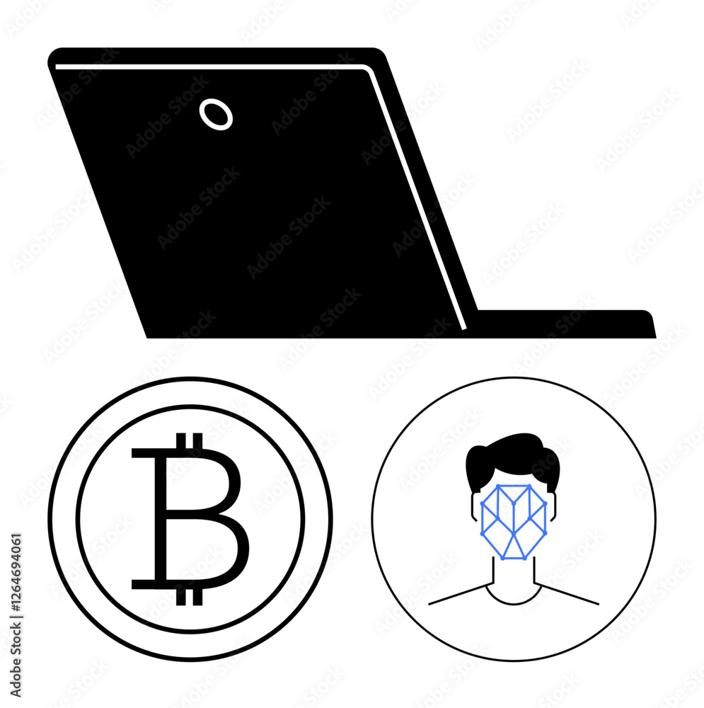 Laptop silhouette, Bitcoin icon, and facial recognition symbol. Ideal ...