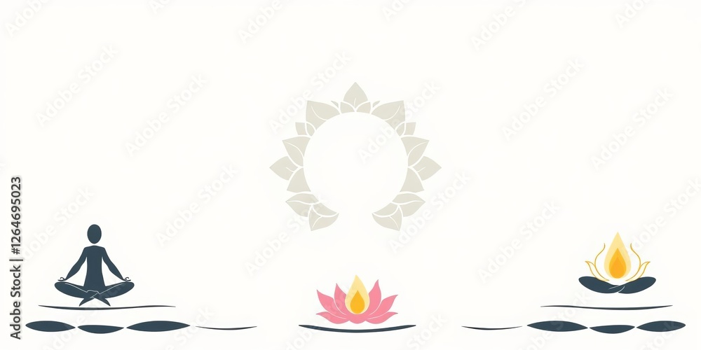 Banner illustration with mindfulness symbols such as lotus flower, yoga ...