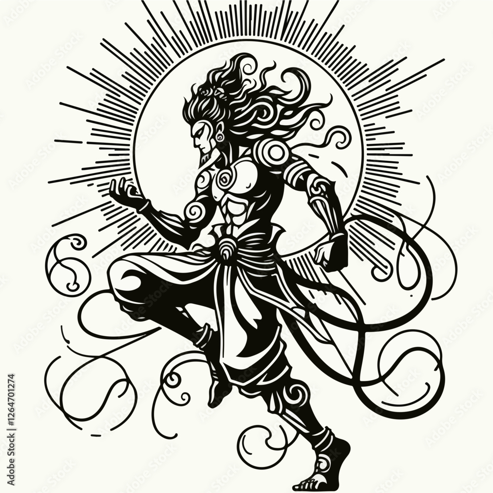 Monkey King Wukong Sunburst: A dynamic illustration of a muscular ...