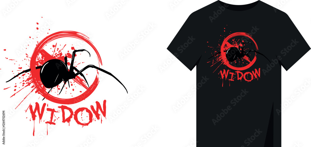 Print on t-shirt spider black widow, inscription. Red stop sign, hand ...