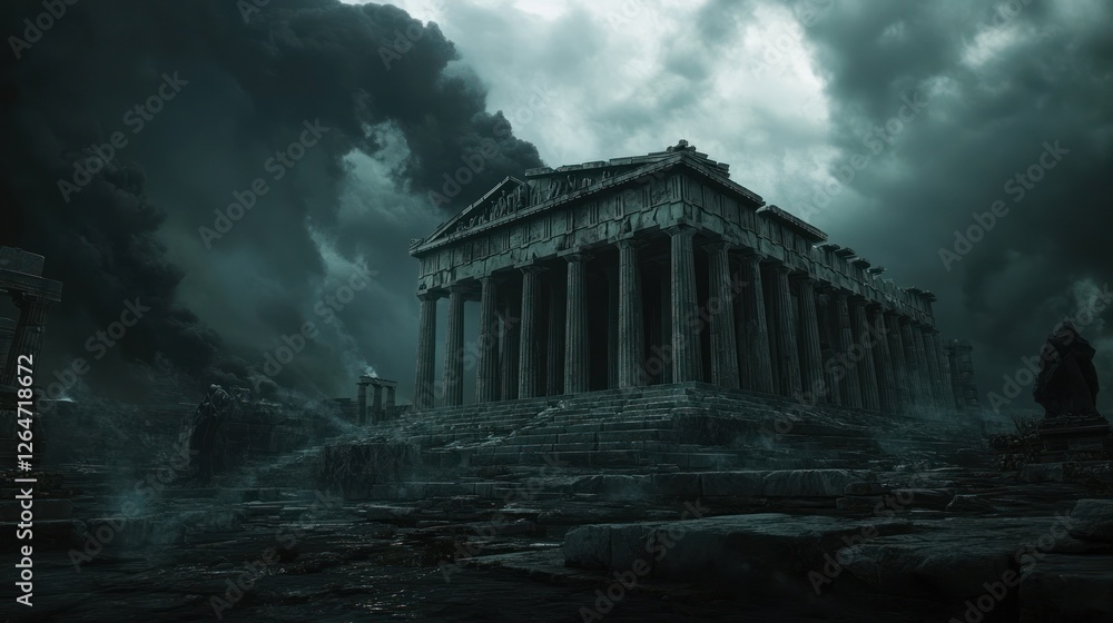 Ancient temple, storm, ruins, apocalyptic scene, destruction, game art ...
