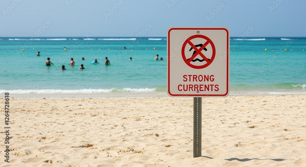 Strong Currents Warning Sign on Sandy Beach with Swimmers in Sea Stock ...