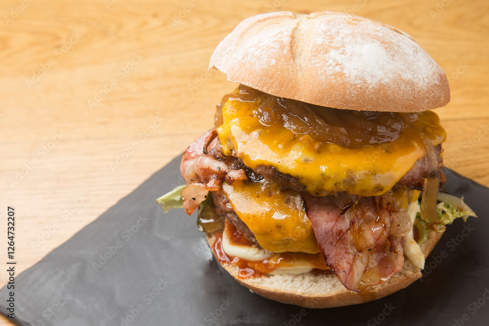 Towering cheeseburger layered with melted cheddar, crispy bacon ...