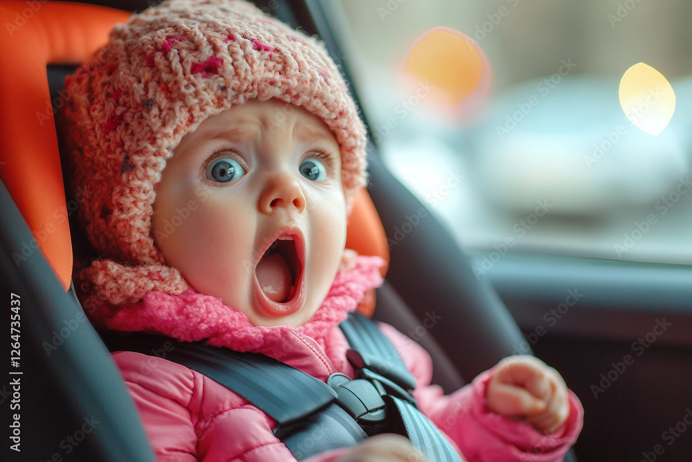 Generative AI image of a crying child sitting in a car seat, expressing ...