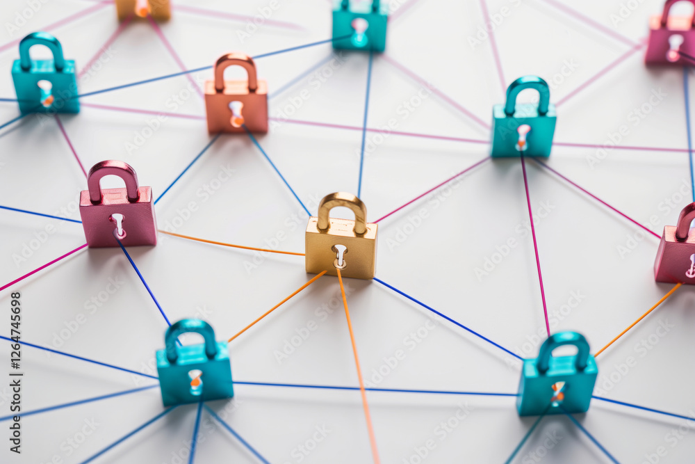 Secure network diagram with colorful lock icons representing data ...