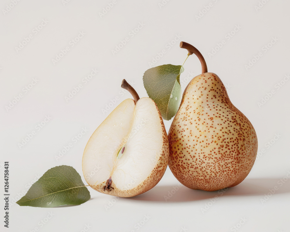 A realistic photograph of two whole and sliced pears, with detailed ...