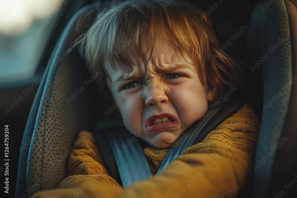 Generative AI image of a crying child sitting in a car seat, expressing ...