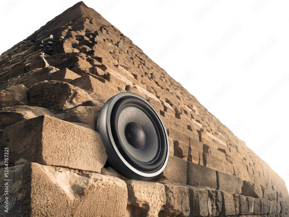 Speaker subwoofer sun flush mounted against the ancient stones of a ...