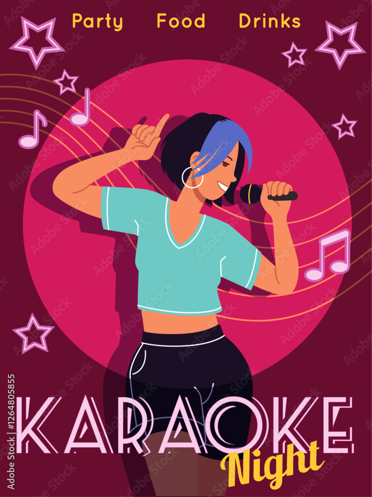 Karaoke banner. Young girl hold microphone and singing, nightclub party ...