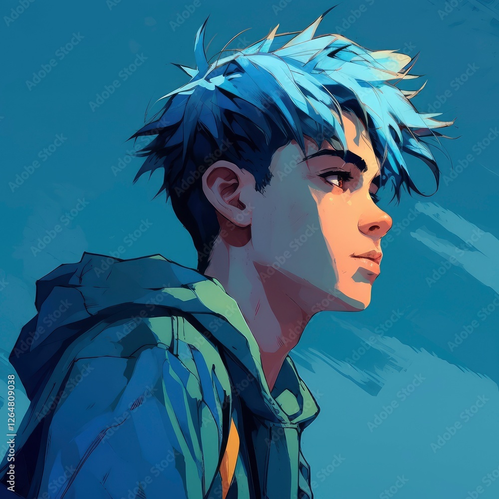 Young boy anime style character. Manga Anime Boy in colorful background ...