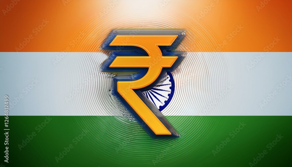 3D symbol of the Indian Rupee (₹) with an Indian flag design in back ...