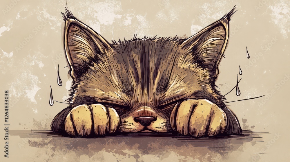 A doodle of a sad, crying cat with big tears streaming down its face ...