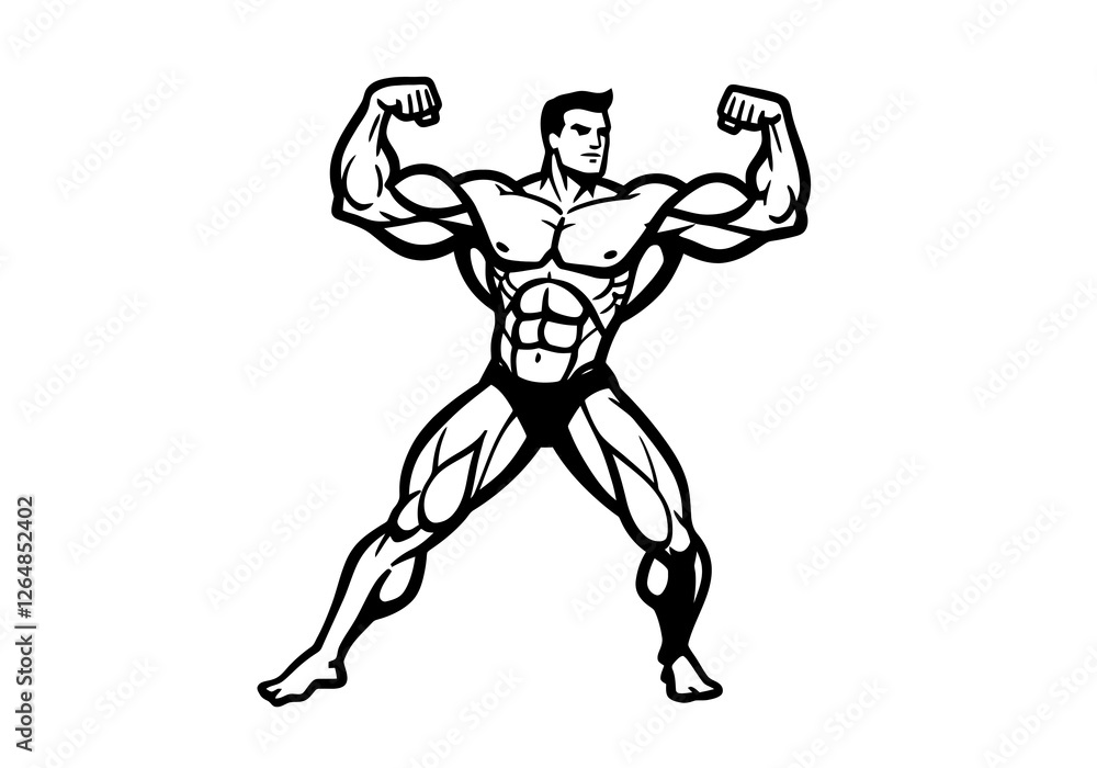 Black and white muscle man clipart. A muscular figure flexing biceps, showcasing detailed ...