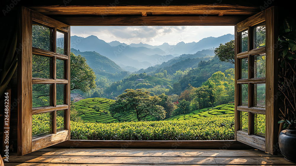 Wooden window in a slightly open position, captured from inside the ...