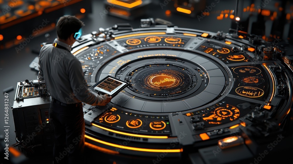 Futuristic industrial automation and manufacturing control panel with ...