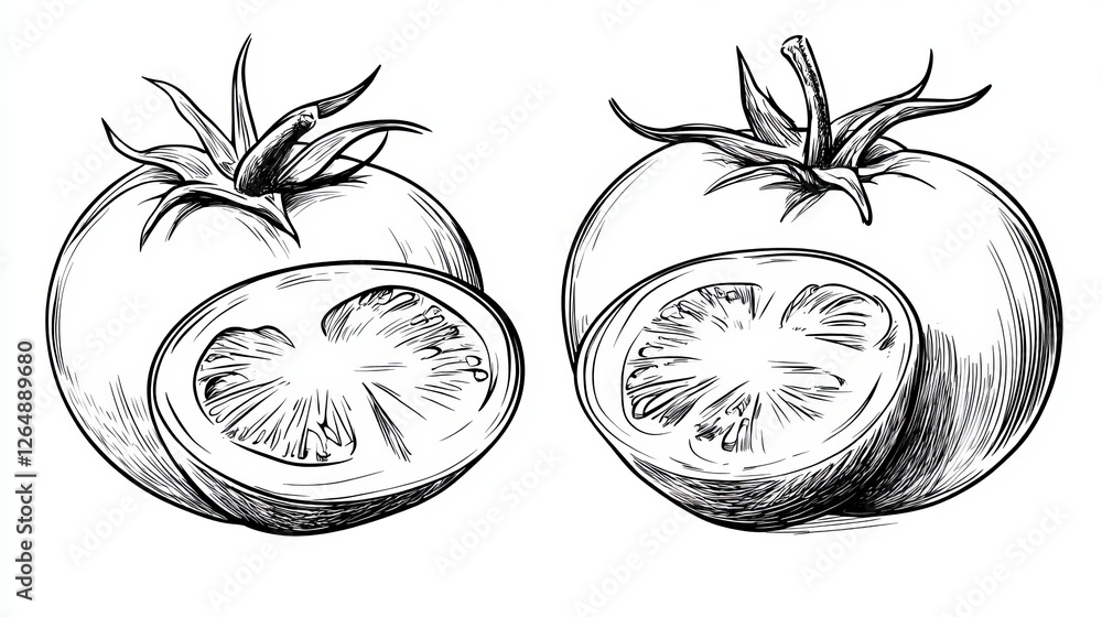 Tomato whole and half black white vector illustration. Tomato ...