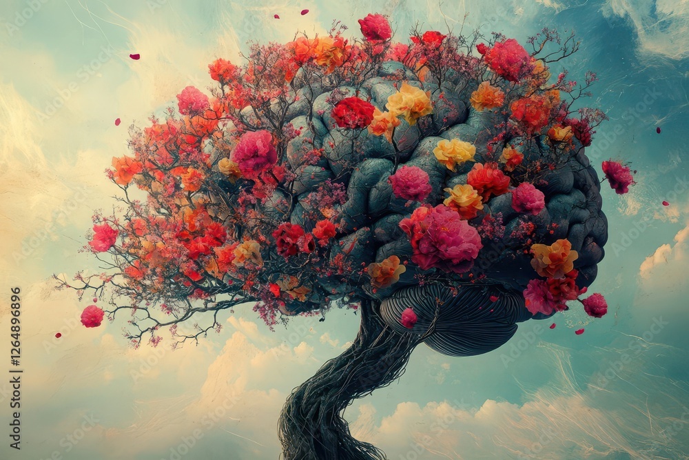 surreal digital artwork of a human brain transformed into a blooming ...