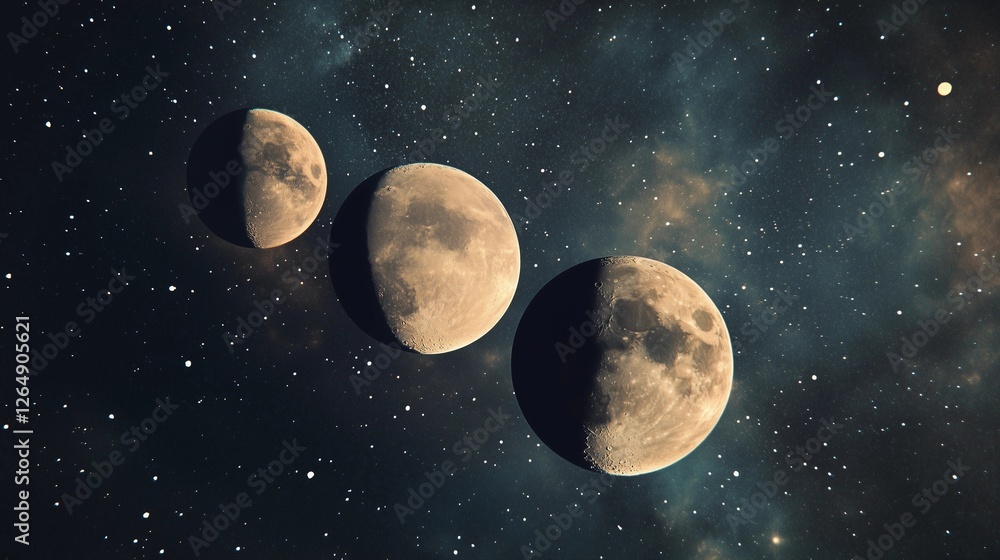 Three moons in the sky, one of which is a quarter of a circle. The ...