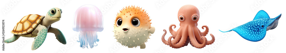 PNG Cute animated sea creatures, element set on transparent background ...