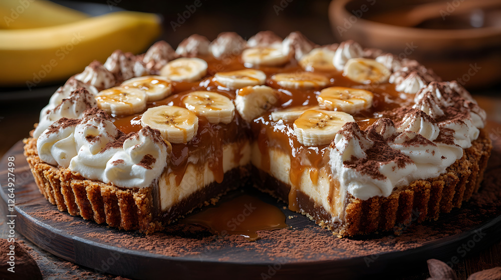 Luscious banoffee pie showing its buttery biscuit crust and caramel ...