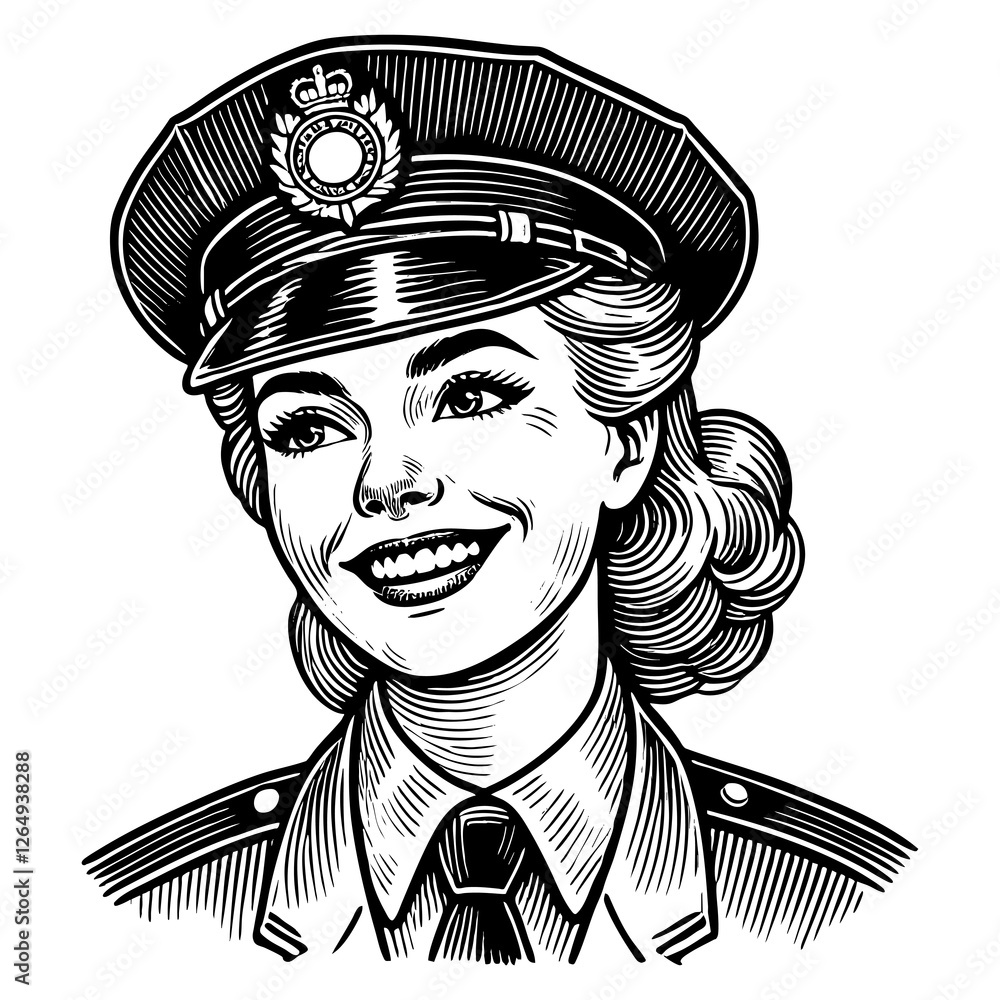cheerful female police officer in a classic uniform, featuring curled ...