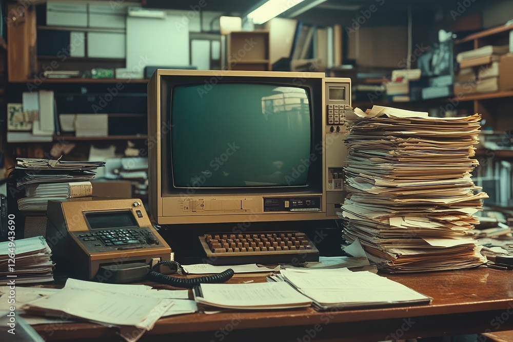 Messy 1980s office cubicle with large boxy monitor, stacks of paperwork ...