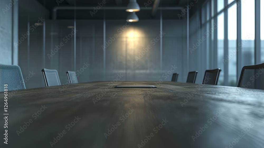 This image presents a conference room with a large wooden table and ...
