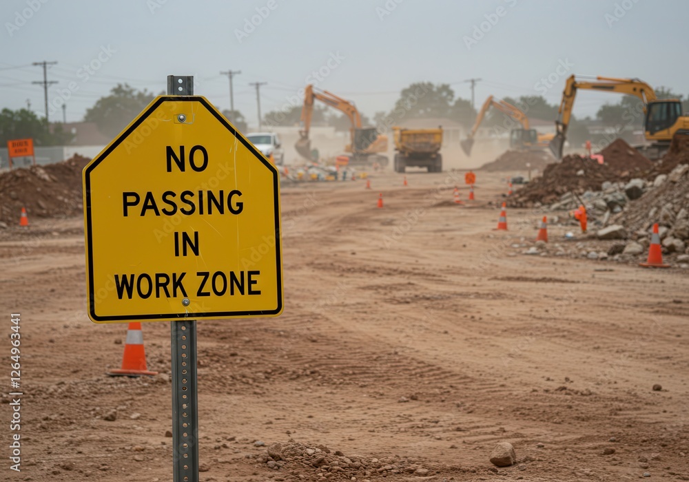 No Passing Work Zone Sign with Construction Equipment and Dusty ...