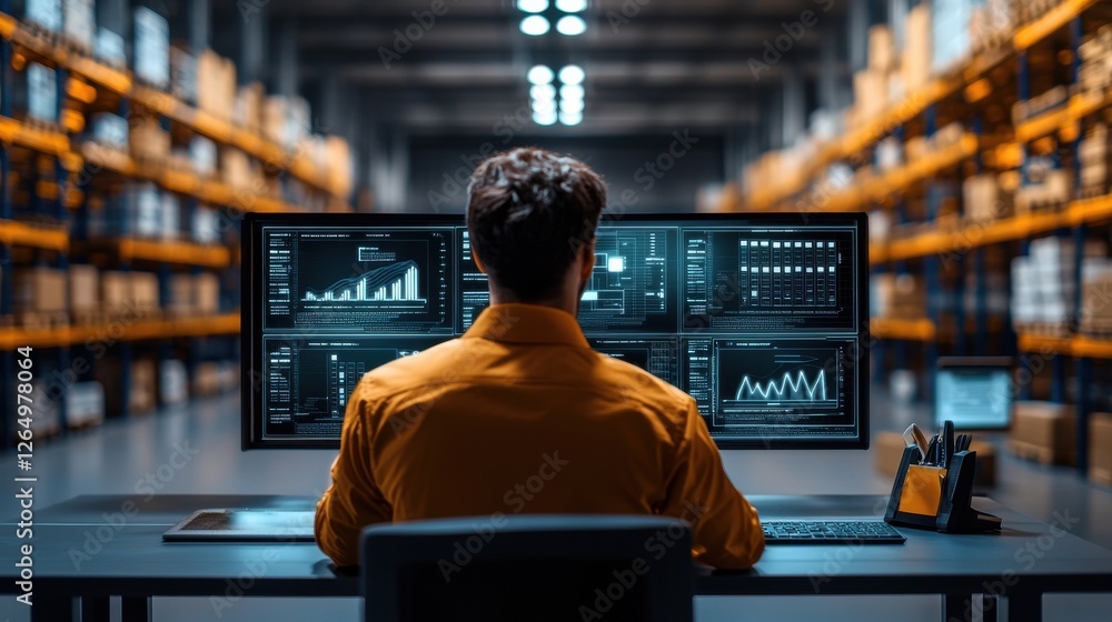 Futuristic smart warehouse interior featuring holographic displays ...