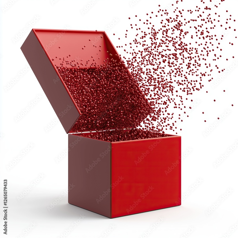 Box overflowing with tiny red spheres resembling treasure chest ...