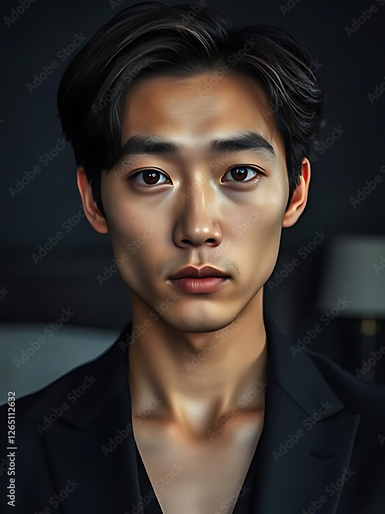 23-year-old Asian male is wearing black clothes. With medium length ...