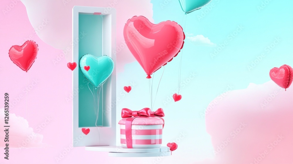 Romantic Valentine s Day Gift with Heart Balloons Floating in Pastel ...