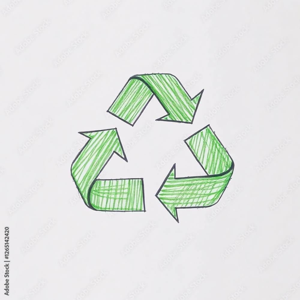Hand-drawn cartoon of recycling symbol in green coloring sketch. Stock ...