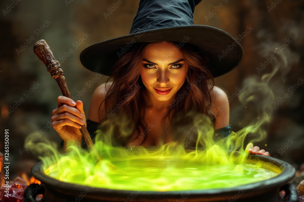 Excited witch with a flirty smile brews a mystical green potion in an ...