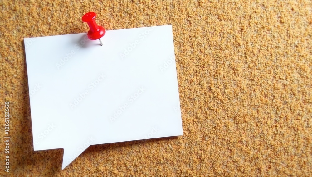 Blank white speech bubble note paper pinned to corkboard with push pins ...